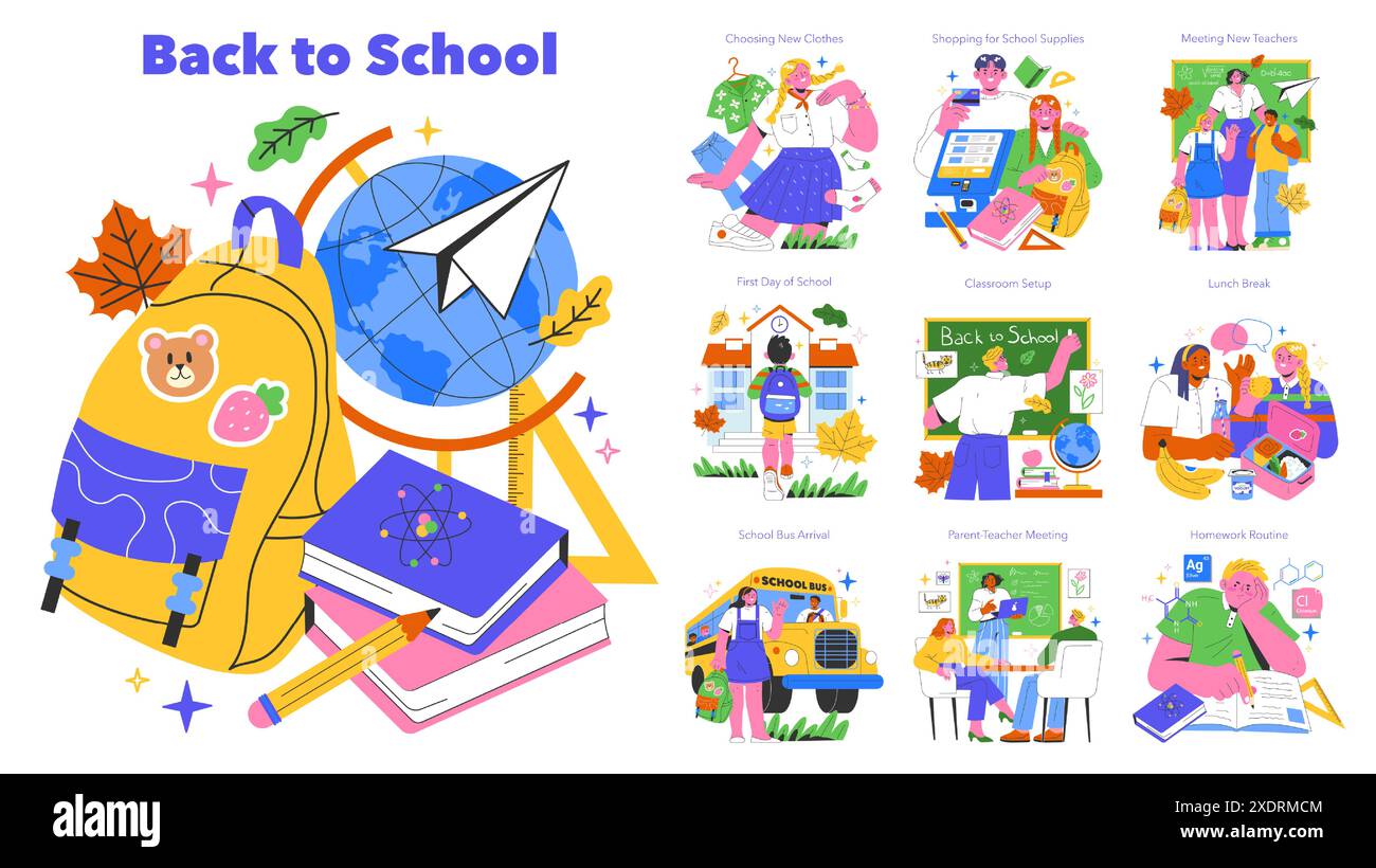 Back to School set. Students engage in diverse activities from shopping ...