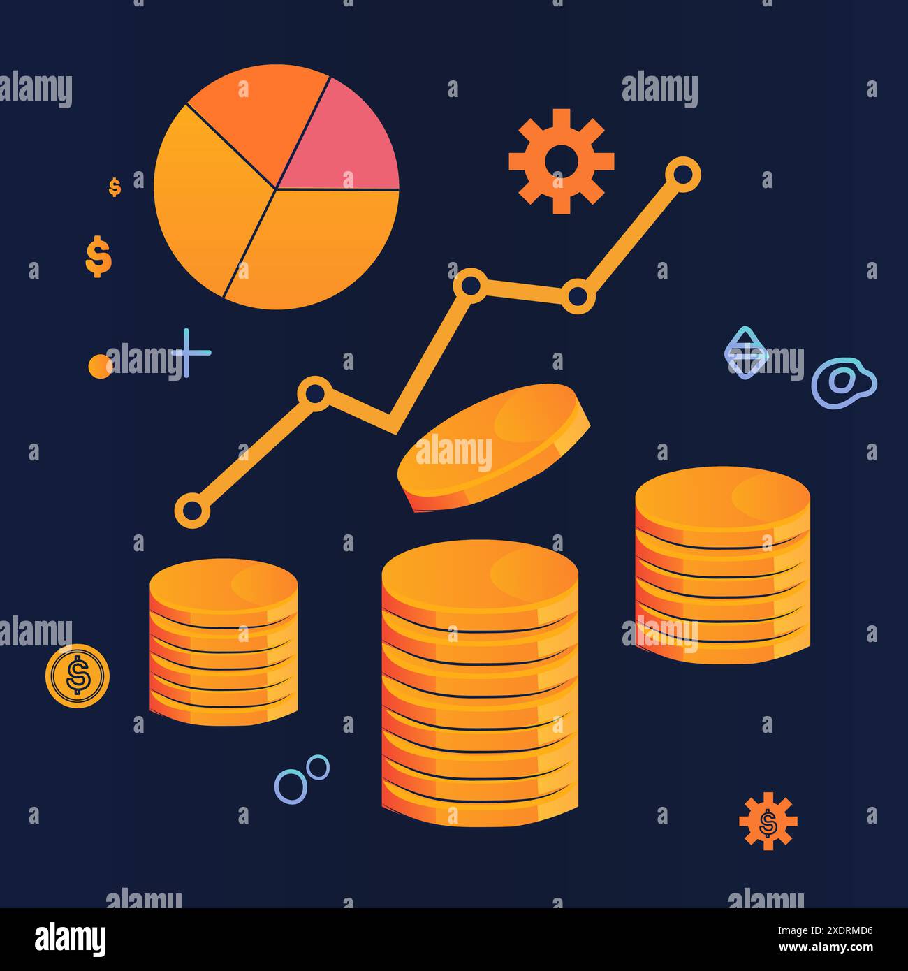 Stacked gold coins pie chart line graph financial icons dark background Stock Vector Image & Art ...