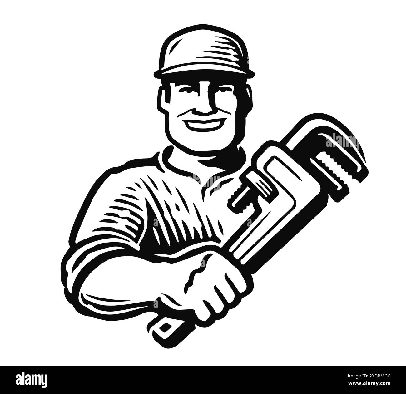Happy working plumber with plumbing wrench. Service, construction work ...