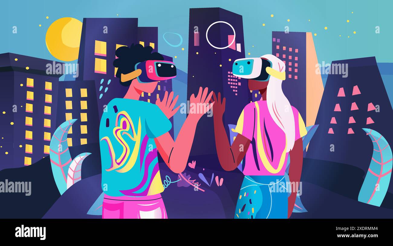 Two people wearing VR headsets exploring a futuristic cityscape with ...