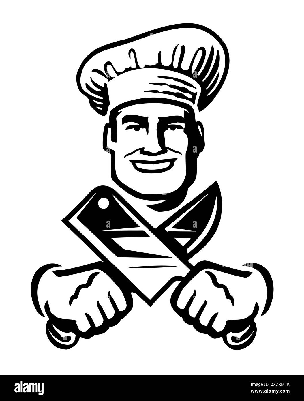 Happy chef with kitchen knives. Emblem or logo for butcher shop or ...