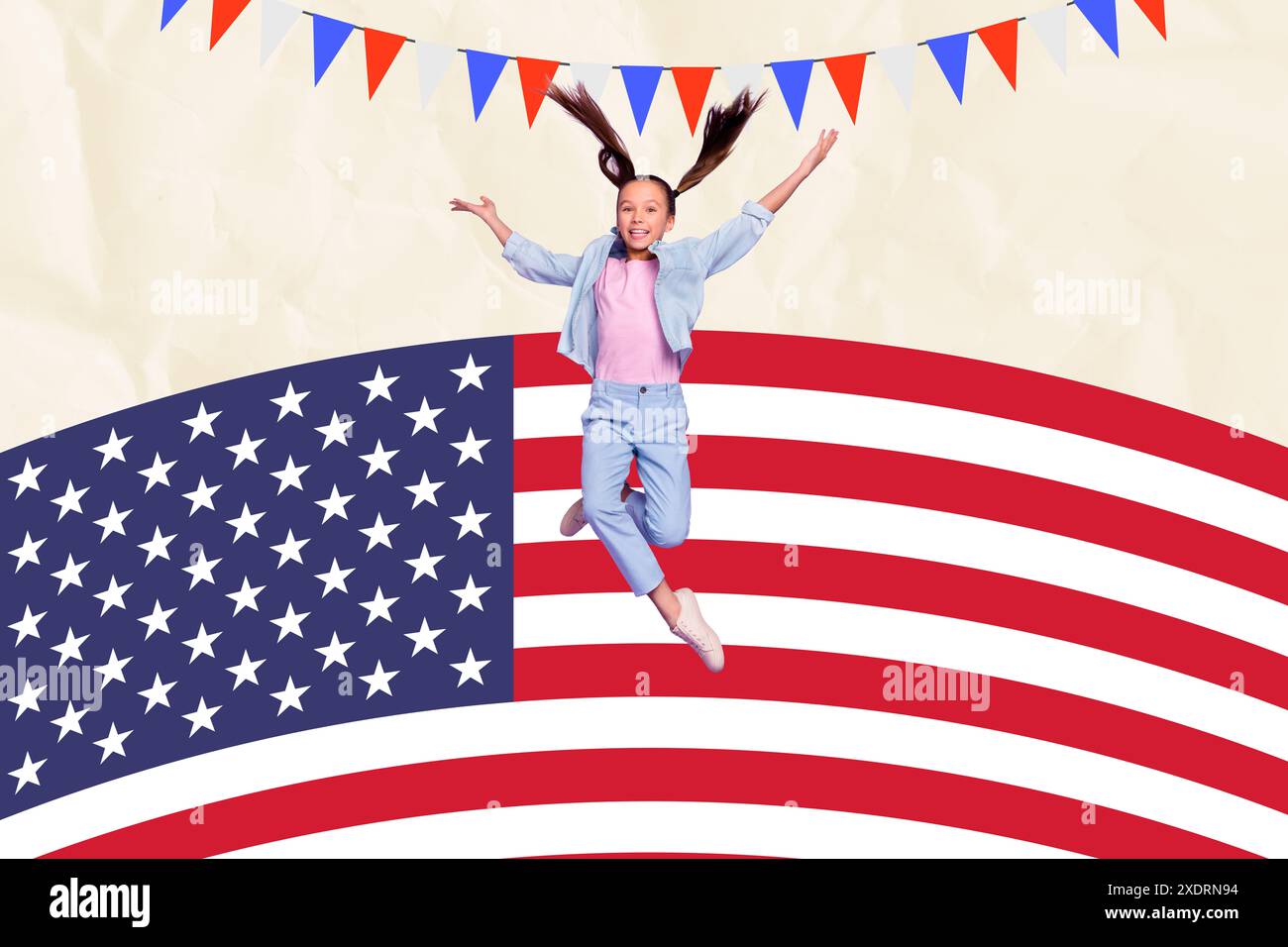 Creative picture collage poster of happy kid girl levitating on ...