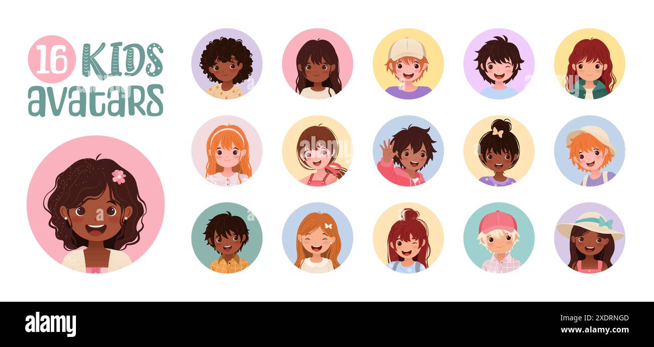 Set of 16 children avatars. Cartoon kids Stock Vector Image & Art - Alamy