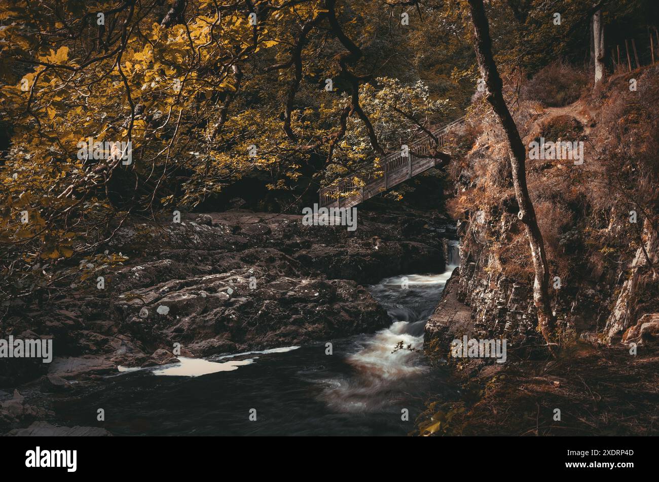 Miners Bridge over flowing river in Betws-y-Coed, Wales, surrounded by ...