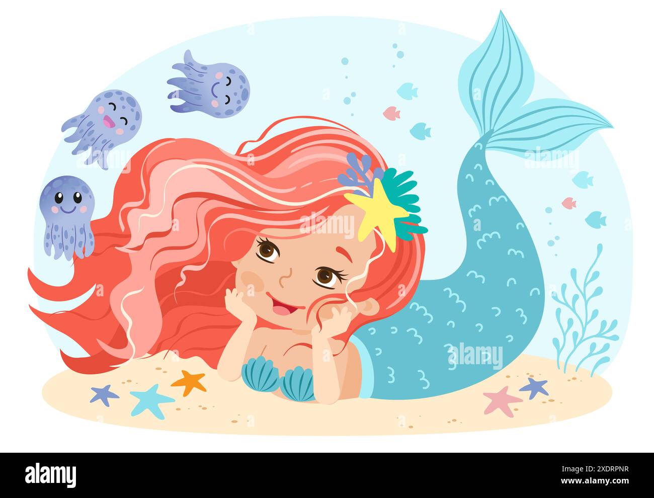 Hand drown vector illustration of Beautiful Girl Mermaid with with pink ...