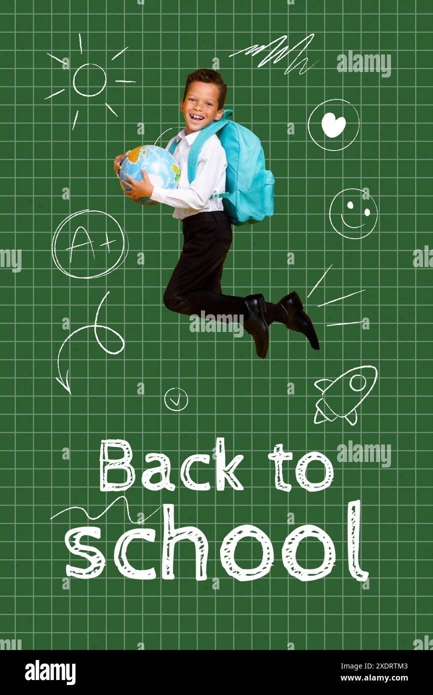 Vertical photo collage of happy cute schoolboy jump hold globe ...