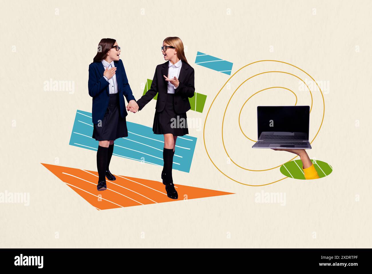 Composite photo collage of two happy schoolgirls classmates talk ...