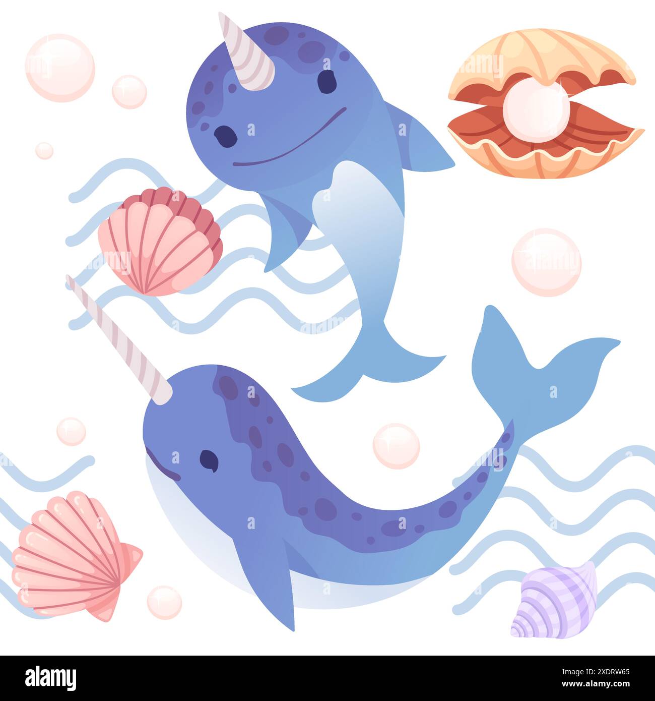 Cute blue narwhal with abstract waves on background and shells with ...