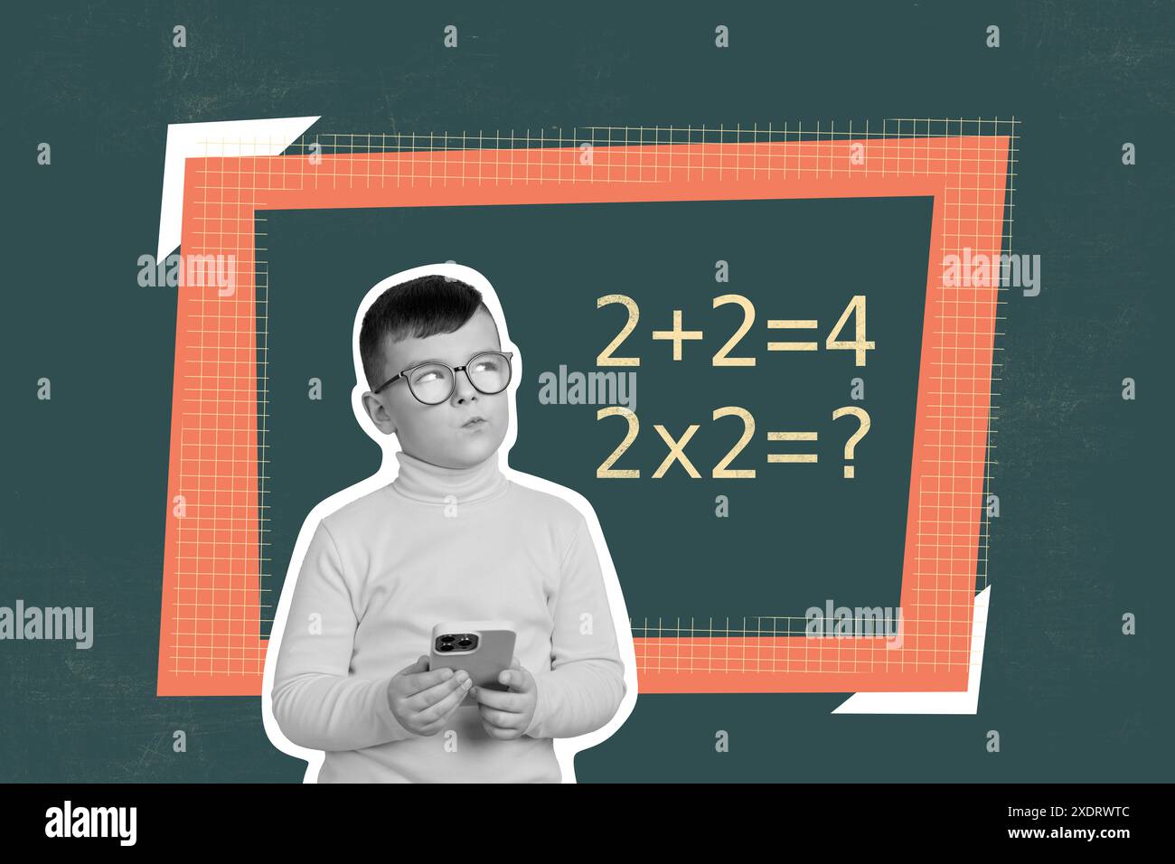 Composite photo collage of minded schoolboy hold phone count math ...