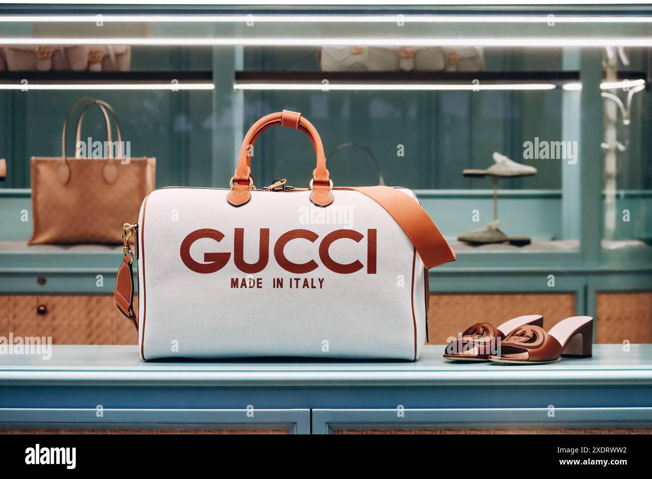 Cannes, France - 20 April 2024: The legendary Gucci bag and shoes in a ...