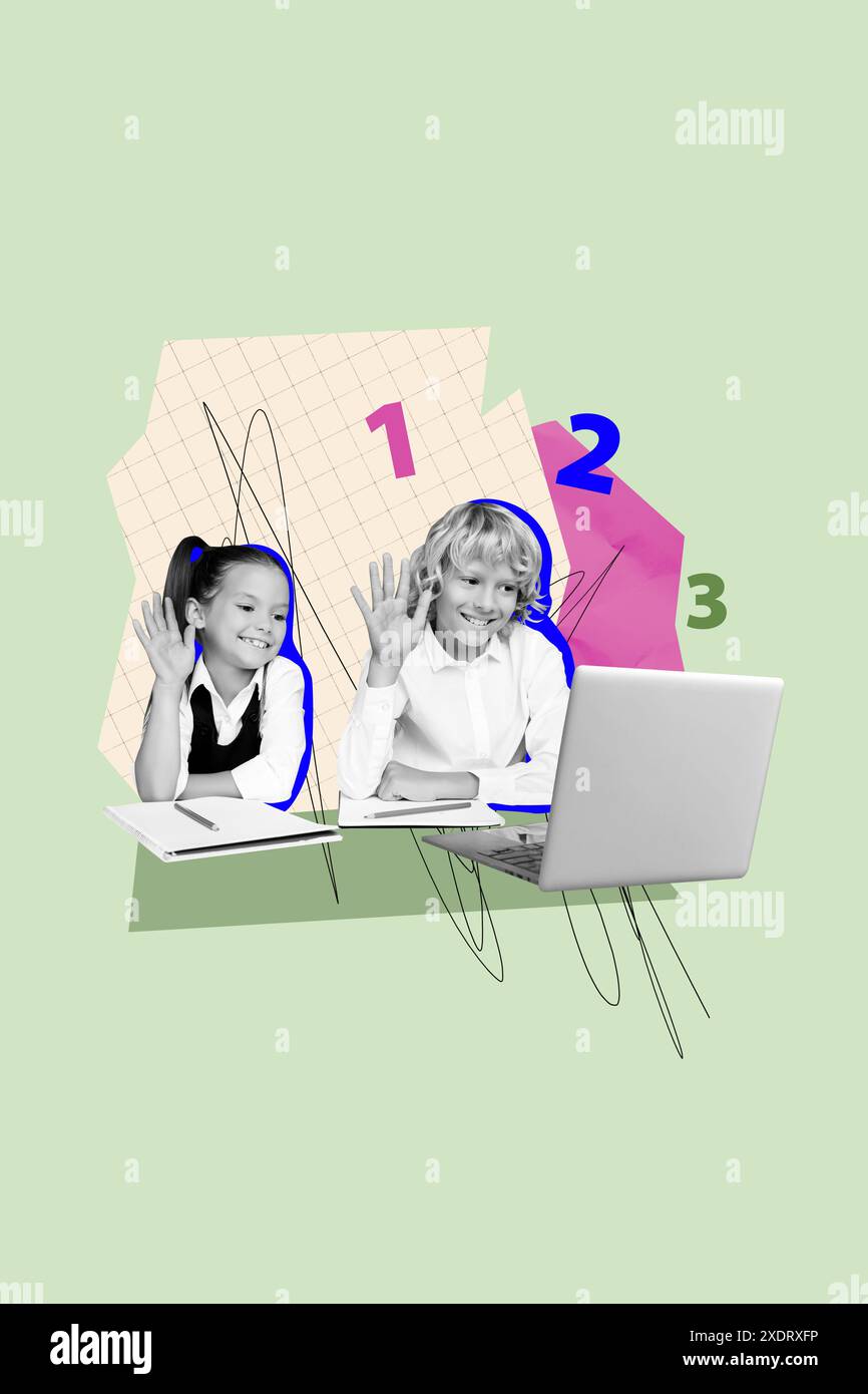 Vertical photo collage of happy schoolgirl boy online homework ...