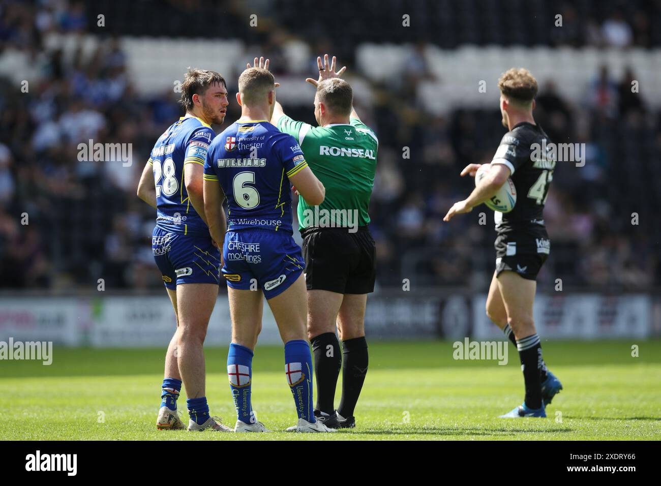 Referee Ben Thaler sends Warrington Wolves' Adam Holroyd (L) to the sin ...
