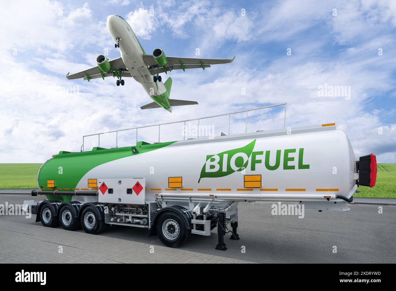 Airplane and biofuel tank trailer. Decarbonization concept Stock Photo ...