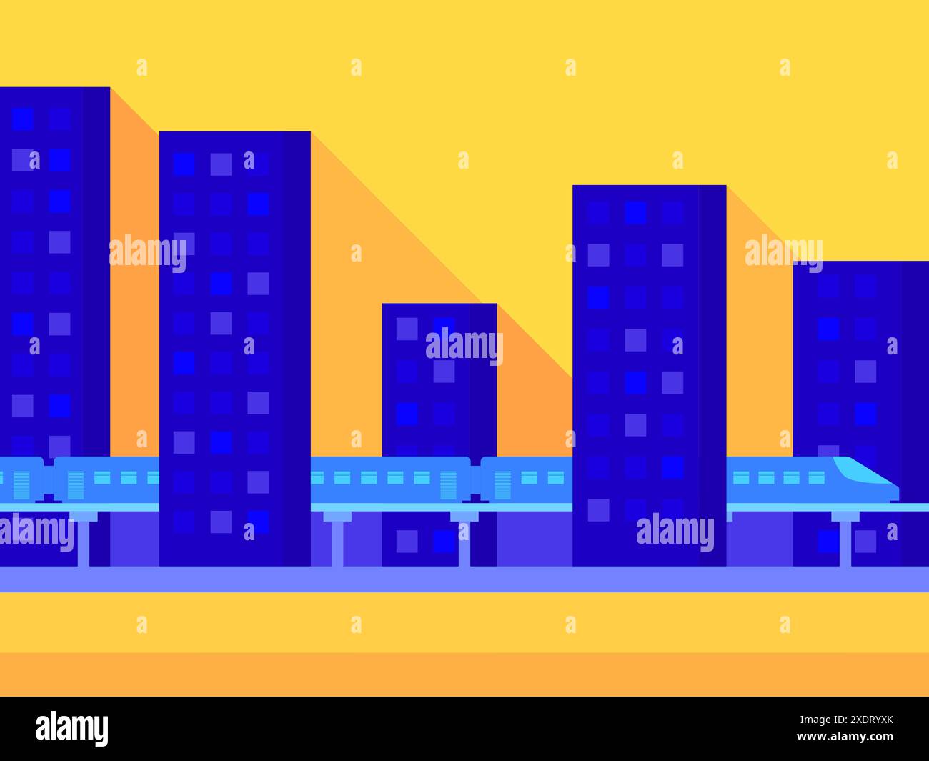 Train between high-rise buildings. Tall residential buildings with ...