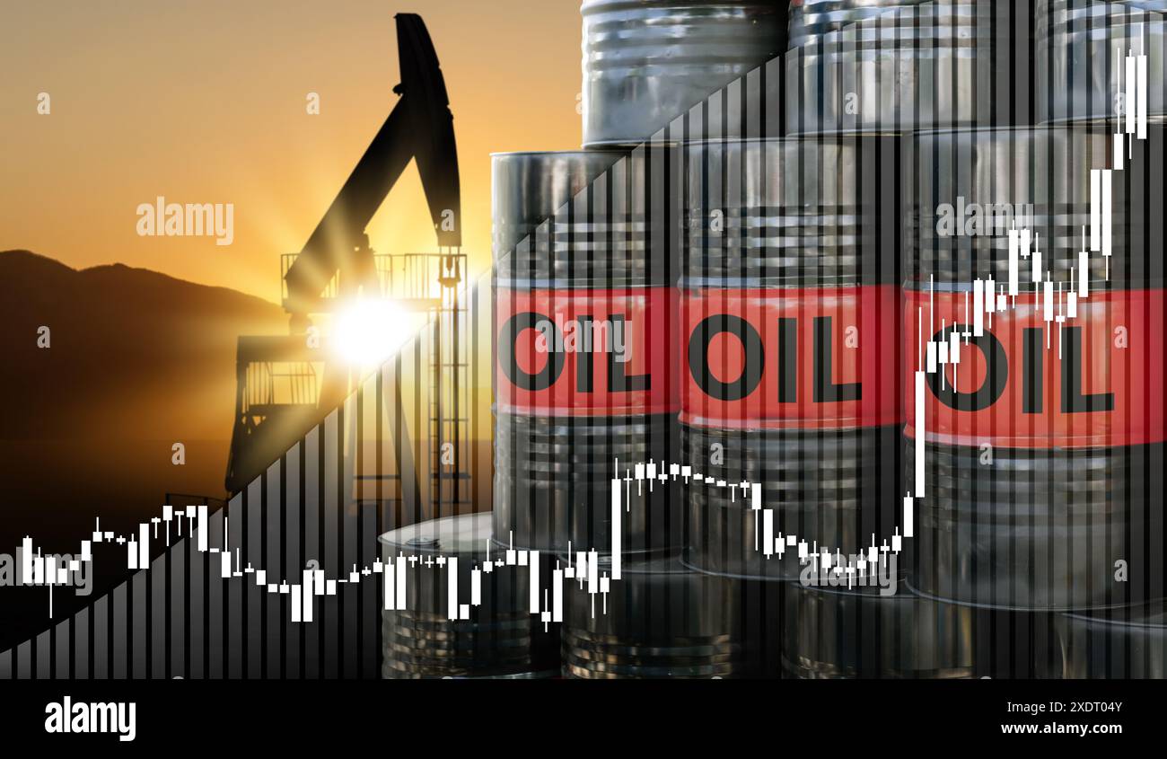 An ascending graph against the background of barrels of oil. Symbol of ...