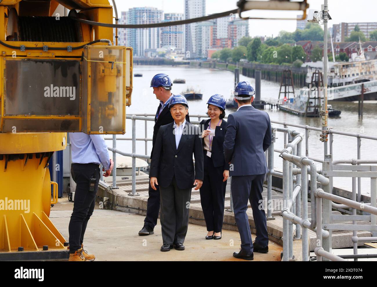 Japanese Emperor Naruhito (C) visits the Thames Flood Barrier, a flood ...