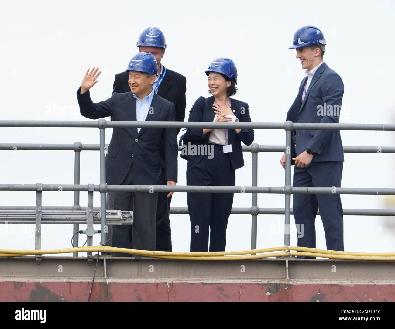 Japanese Emperor Naruhito (C) visits the Thames Flood Barrier, a flood ...