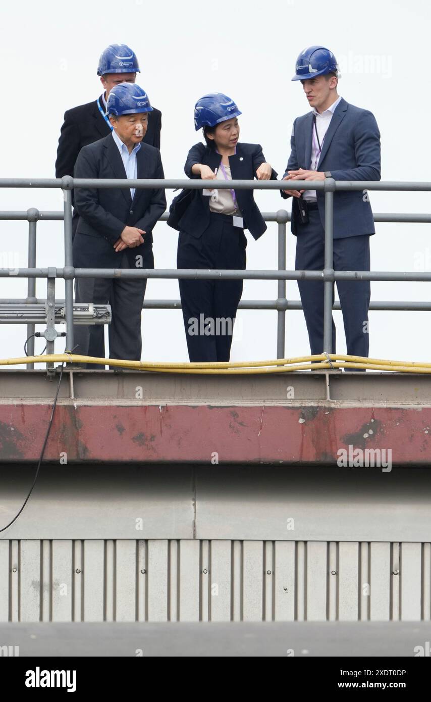 Japanese Emperor Naruhito (C) visits the Thames Flood Barrier, a flood ...