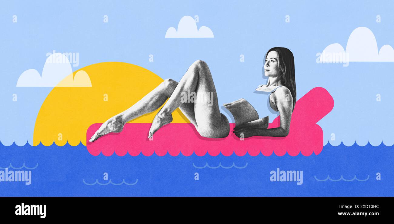 Contemporary art collage. Perfect vacation moment. Relaxing on bright ...