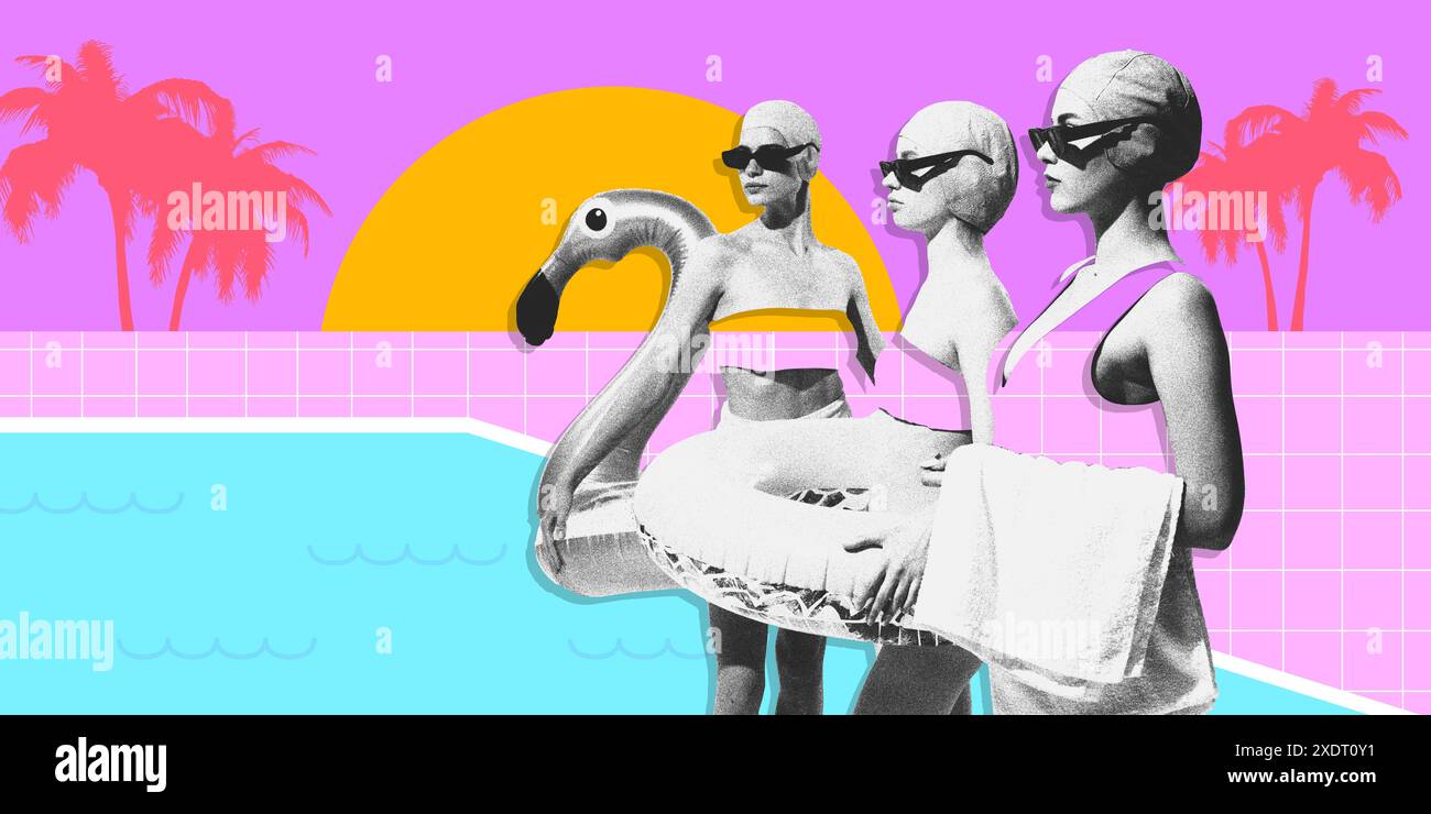 Contemporary art collage. Women, in swimsuits made from vibrant ...