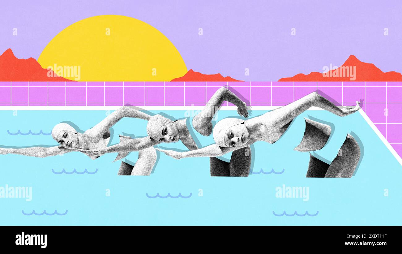 Contemporary art collage. Women, in swimsuits made from vibrant pool ...