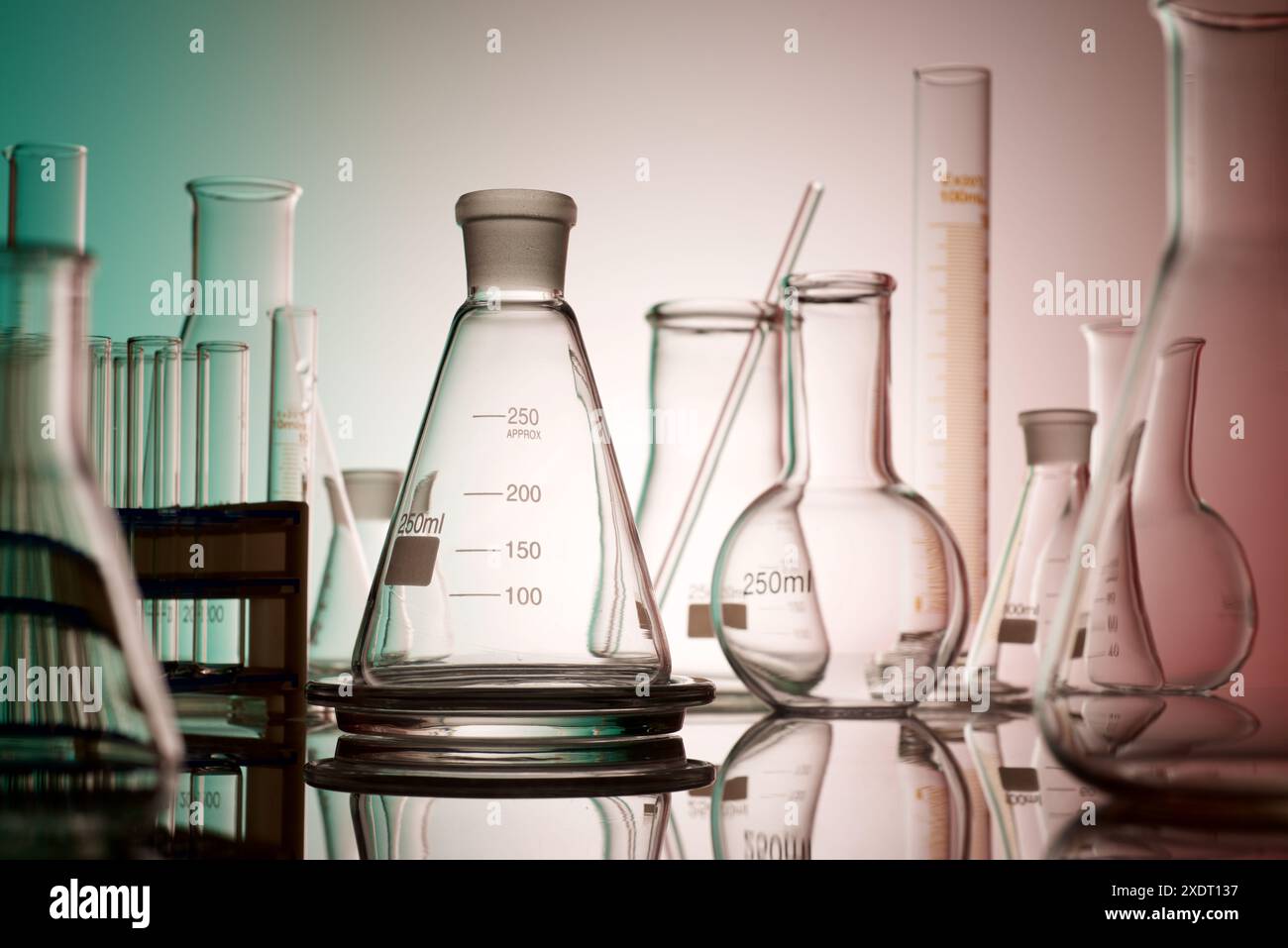 Close up of a glass bottles standing on a laboratory countertop and ...
