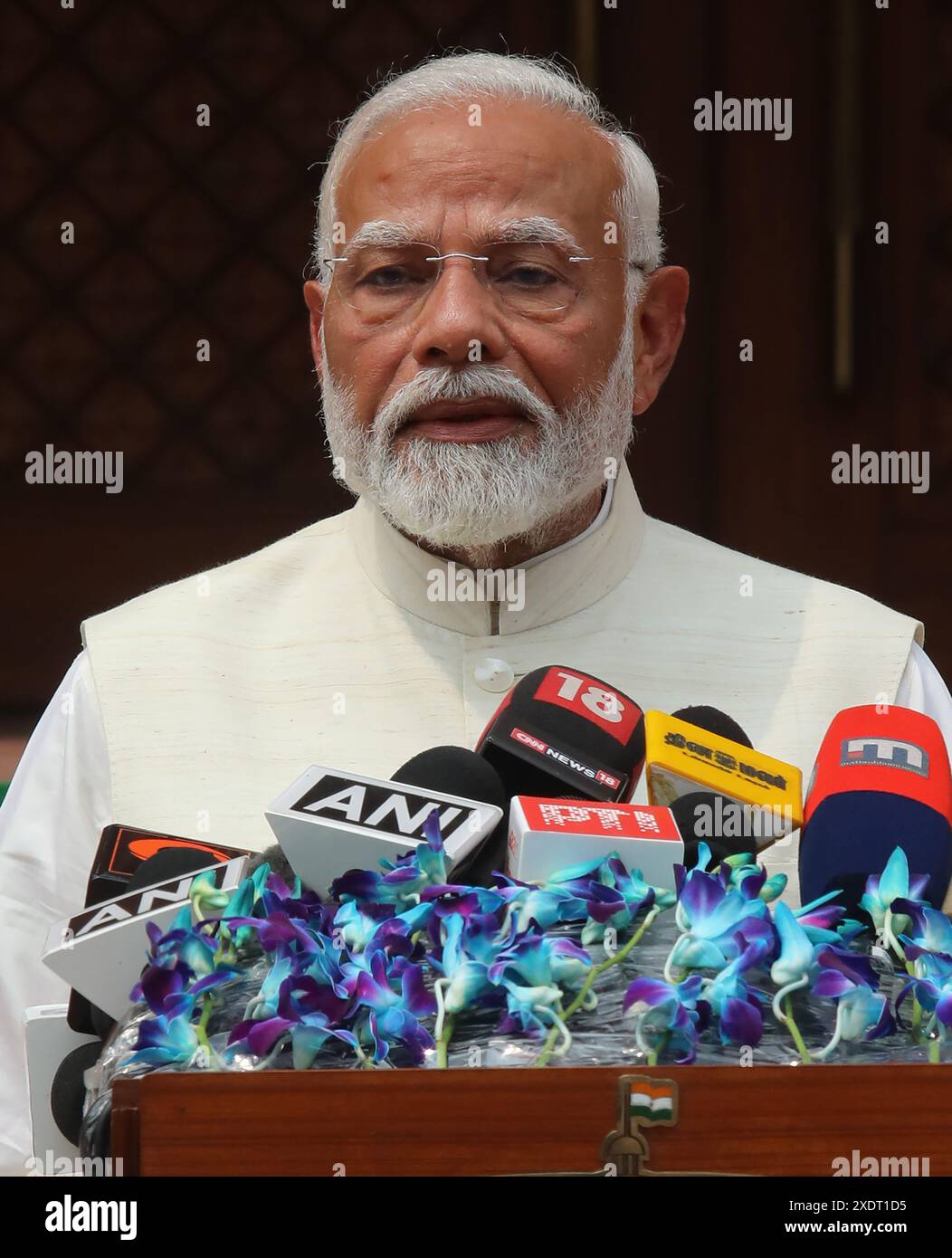New Delhi, India. 24th June, 2024. Indian Prime Minister Narendra Modi addresses the media at ...