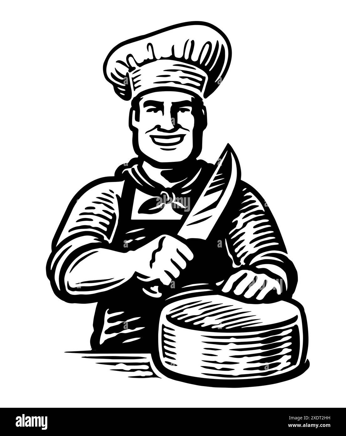 Chef, male cook with knife and cheese. Organic farm dairy product ...