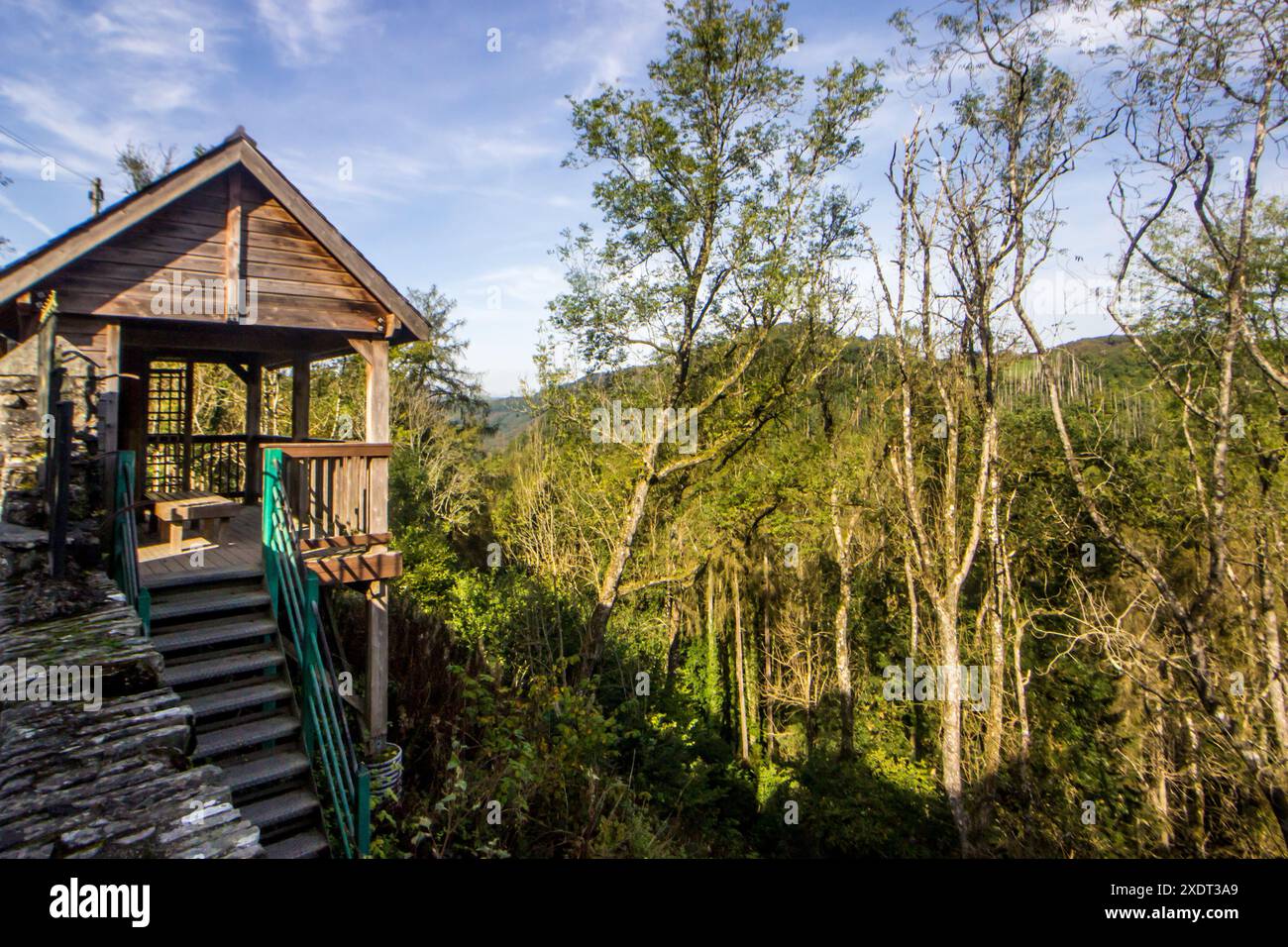 Viewpoint over the wooded valley in the small village of Devil’s Bridge ...