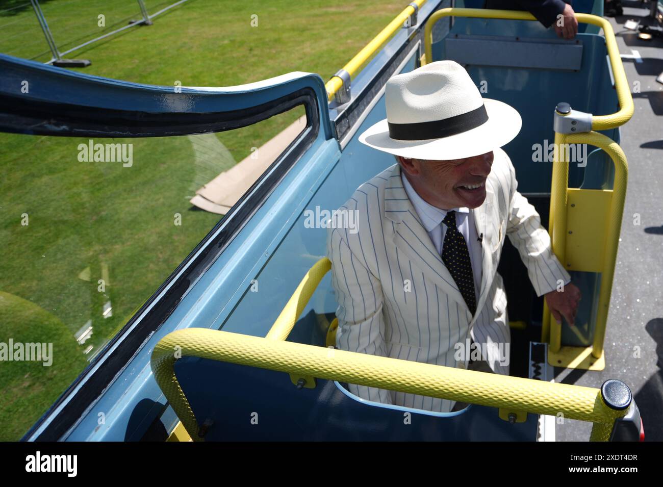 Reform UK leader Nigel Farage on top of a double decker bus at the ...