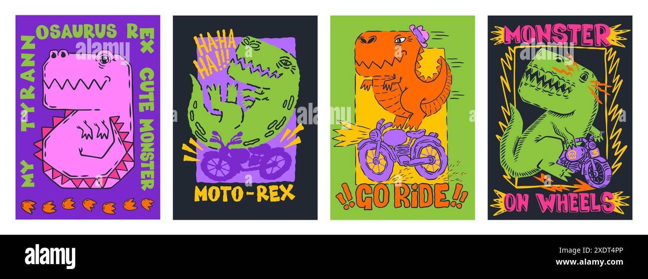 Dino on motorcycle. Boy sport animal. Dinosaur color print for T-shirt ...