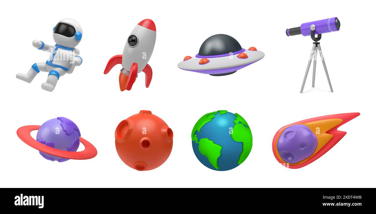 3d space icons. Rocket planet and moon, flying astronaut, star and spaceship in galaxy, earth ...