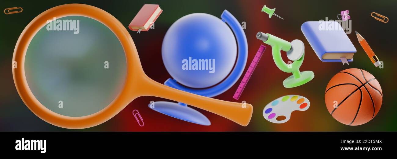 Back to school. Various educational objects including a magnifying ...