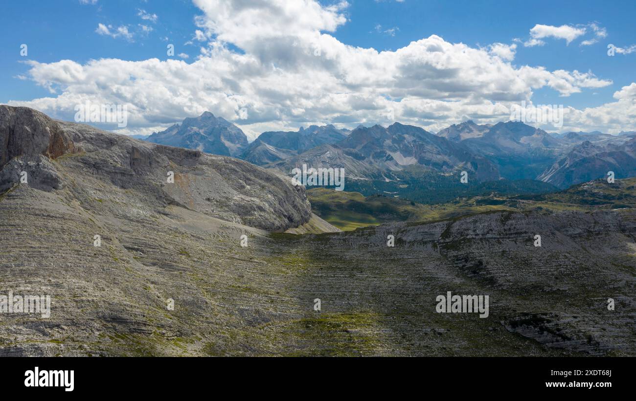 Drone photo. Alpine mountains in the Dolomites. Italy. High cliffs ...