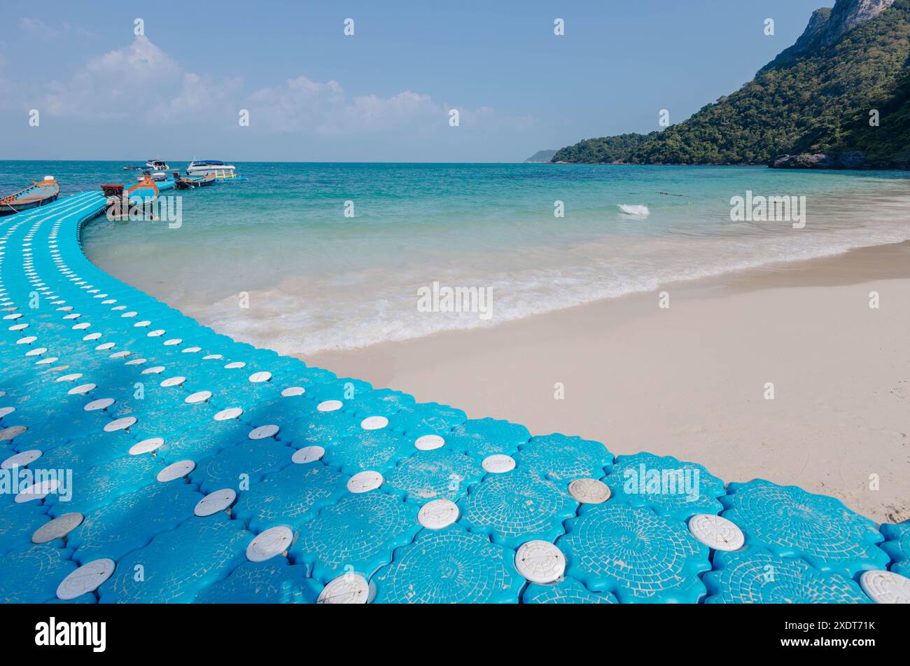 A blue floating dock leads to a pristine beach with turquoise water and ...