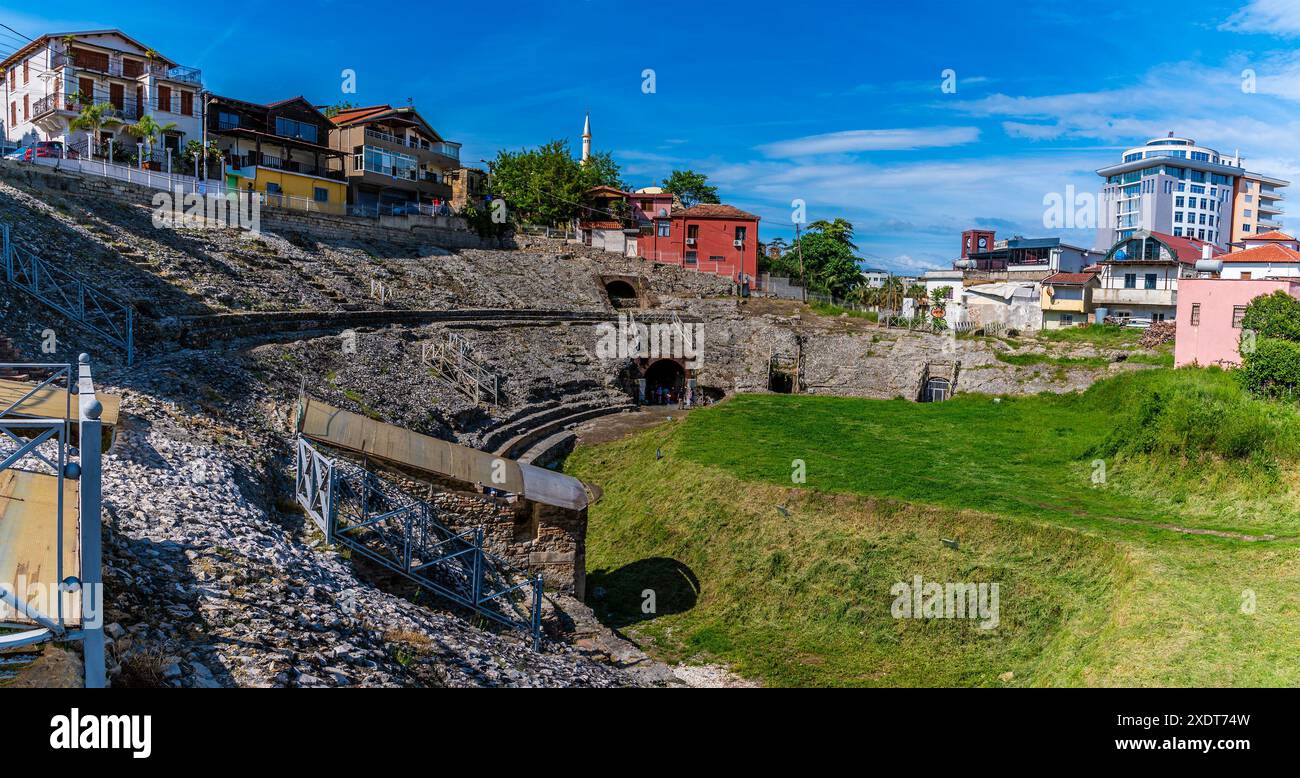 A view along a the side of the Roman amphitheatre in Durres, Albania in ...