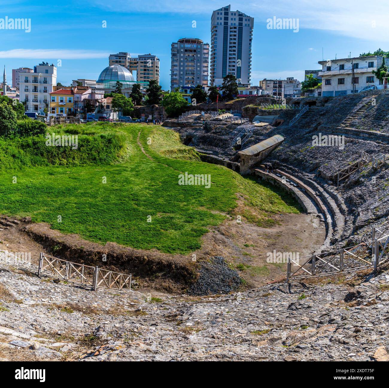 A view down from a corner of the Roman amphitheatre in Durres, Albania ...