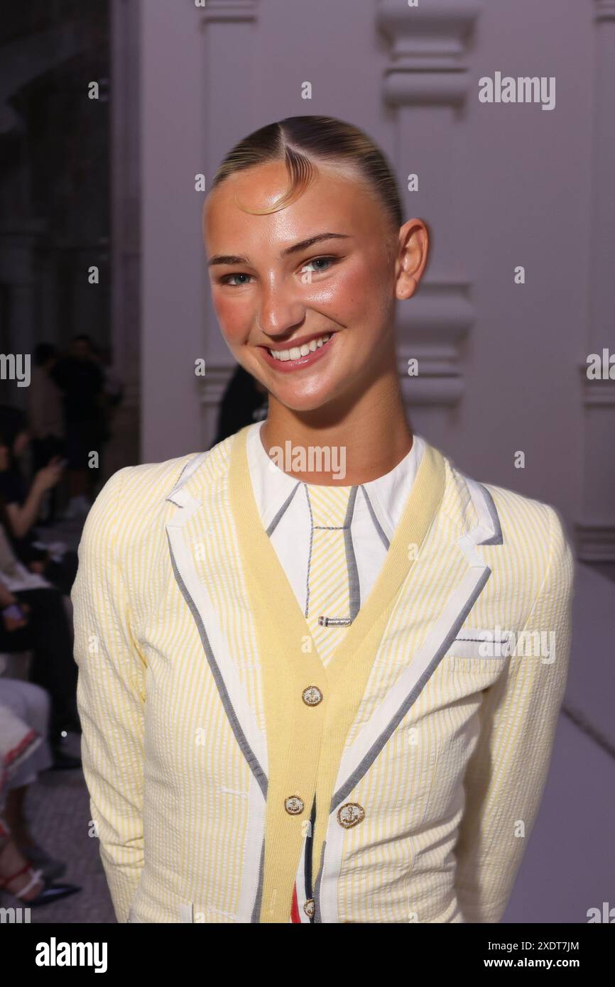 Mia Regan poses for photographers at the Thom Browne Haute Couture Fall ...
