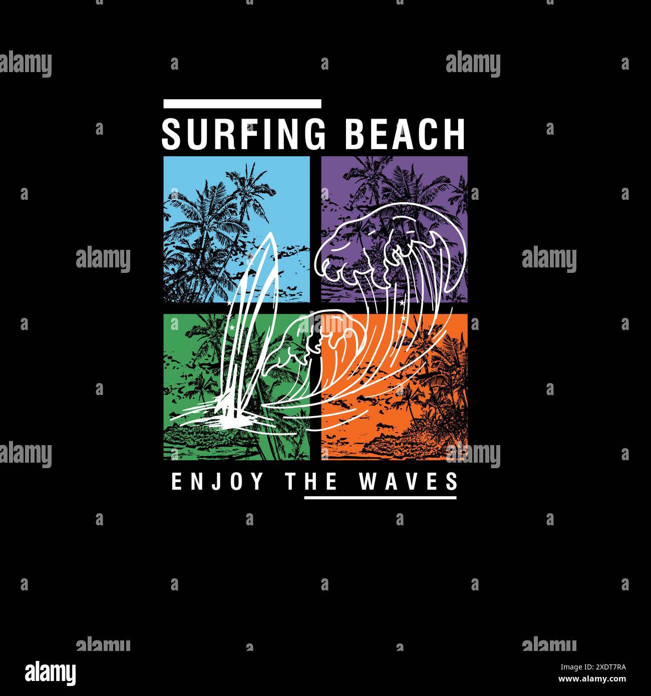 Surfing Beach enjoy the waves typography summer poster design Stock ...