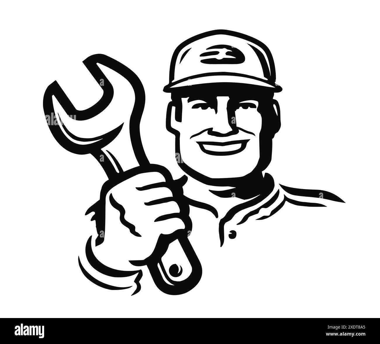 Happy mechanic with wrench. Construction worker with work tool. Emblem ...
