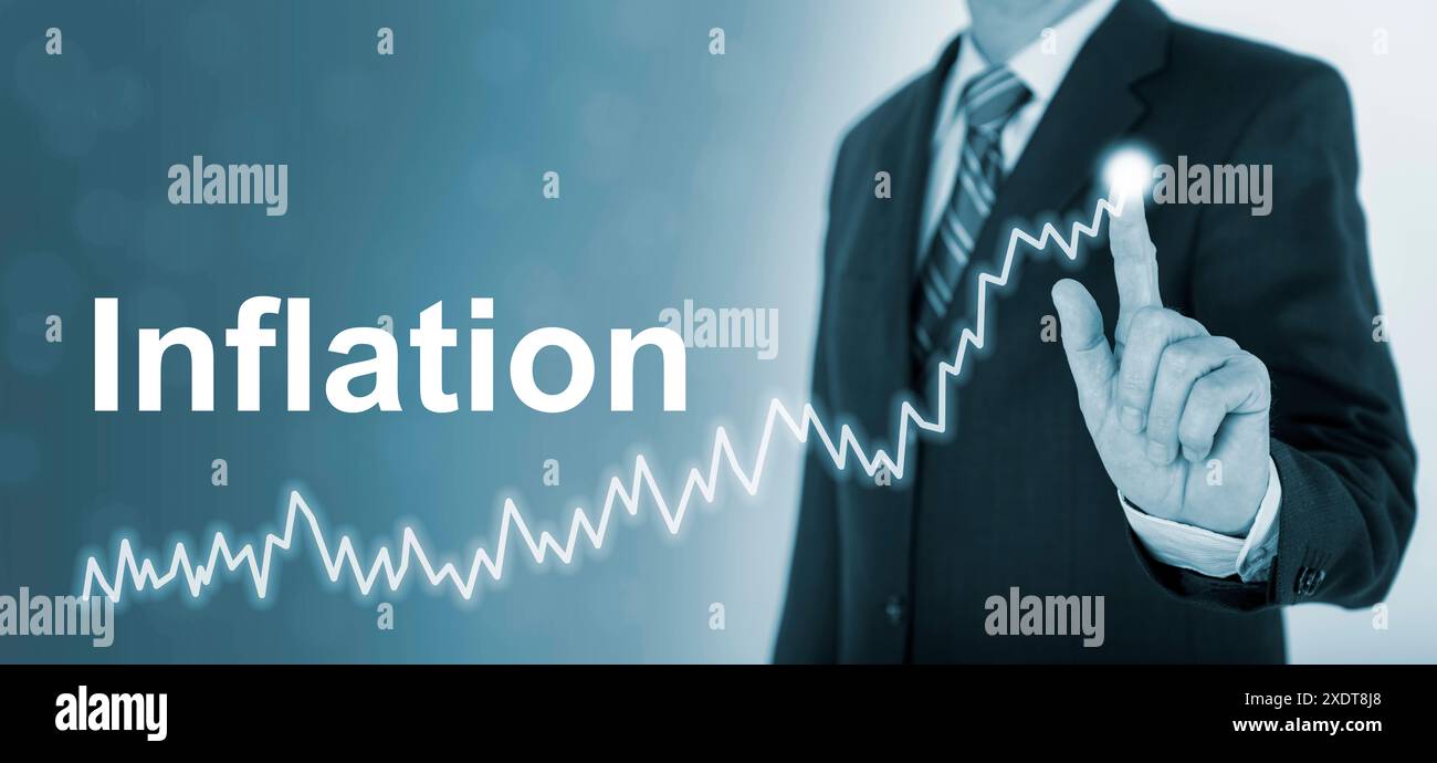 Inflation und Preissteigerung Ein Geschäftsmann zeigt mit einem Chart ...