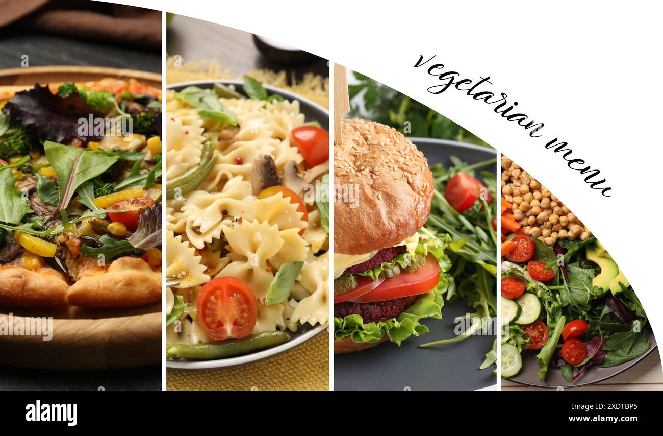 Vegetarian menu, banner design. Collage with different tasty dishes ...