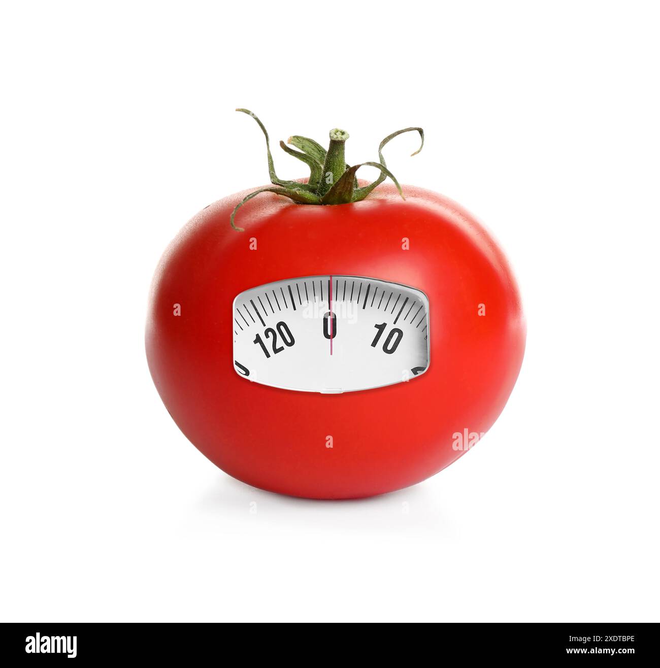 Red tomato with analog weighing scale display isolated on white Stock ...
