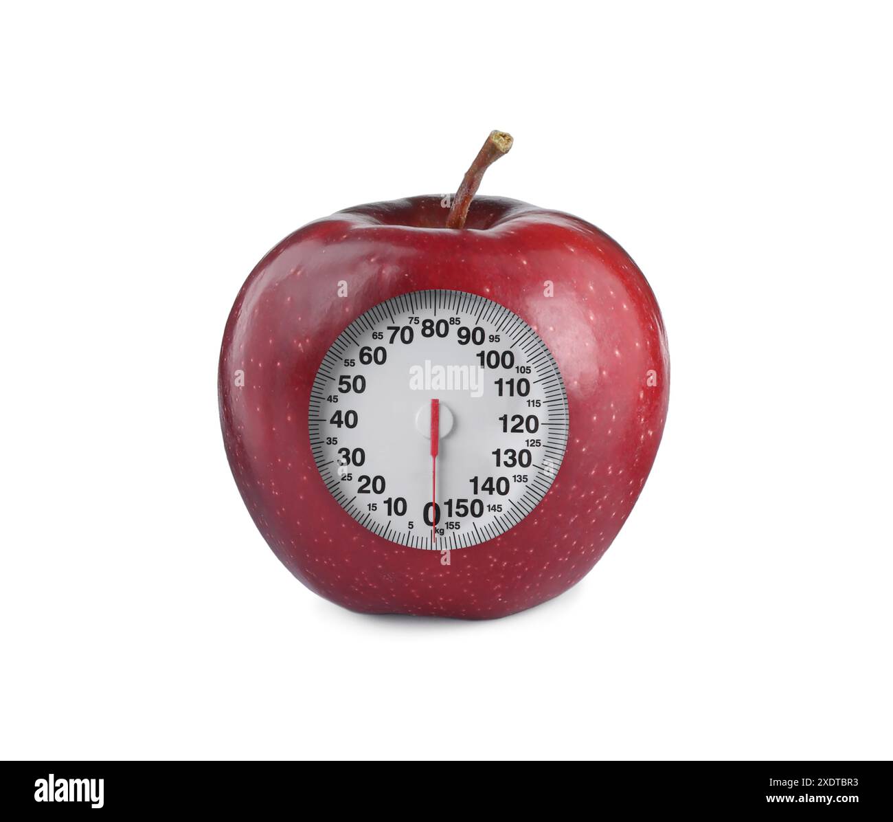 Red apple with analog weighing scale display isolated on white Stock ...