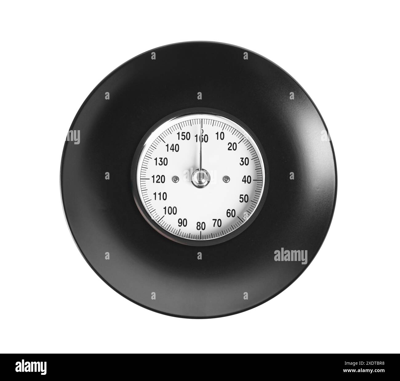 Black plate with analog weighing scale display isolated on white, top ...