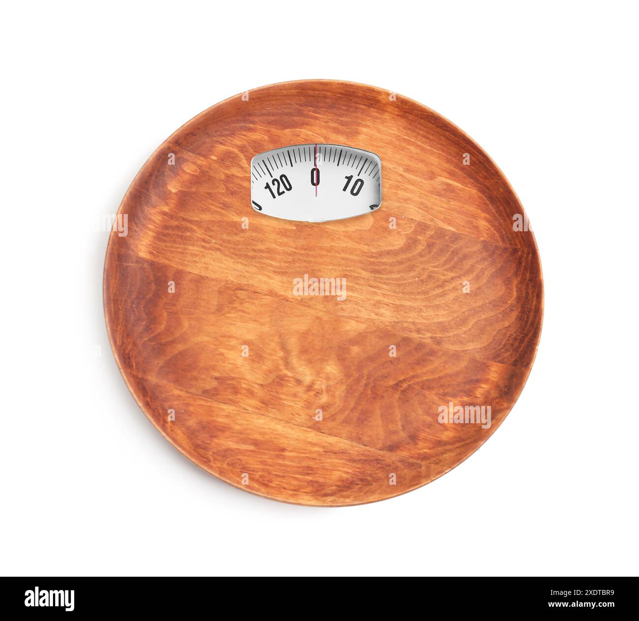 Wooden plate with analog weighing scale display isolated on white, top ...