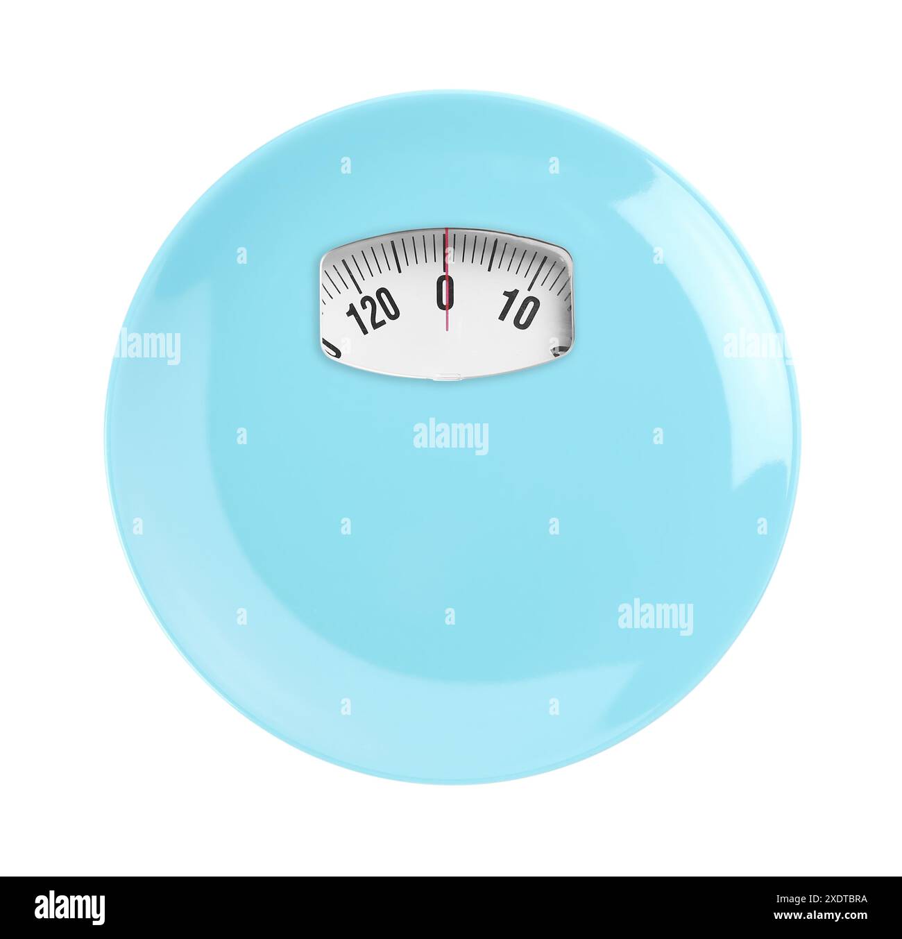 Light blue plate with analog weighing scale display isolated on white ...