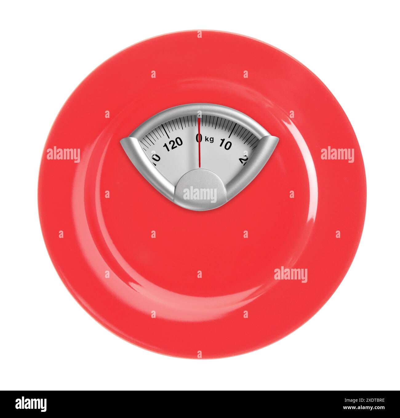 Red plate with analog weighing scale display isolated on white, top ...