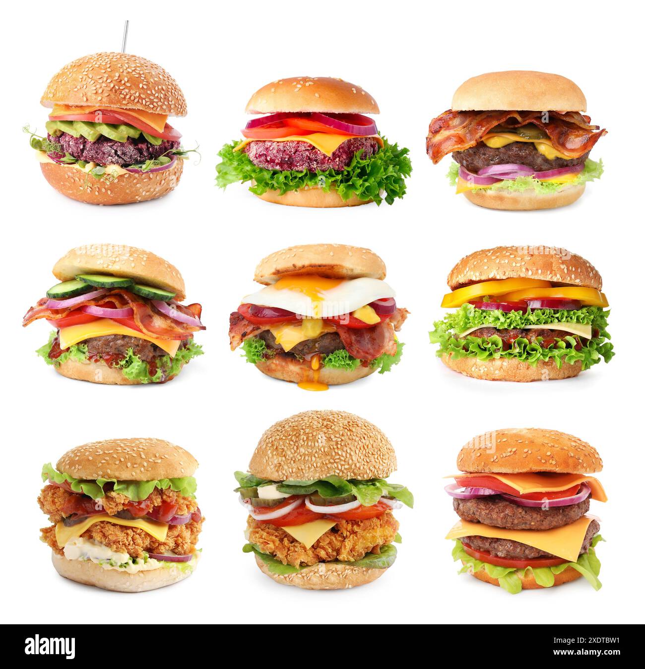 Different delicious burgers isolated on white, set Stock Photo - Alamy