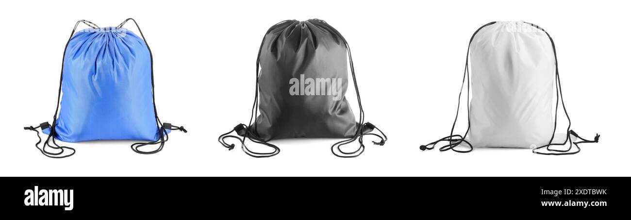 Sports drawstring bags in different colors isolated on white, set Stock ...